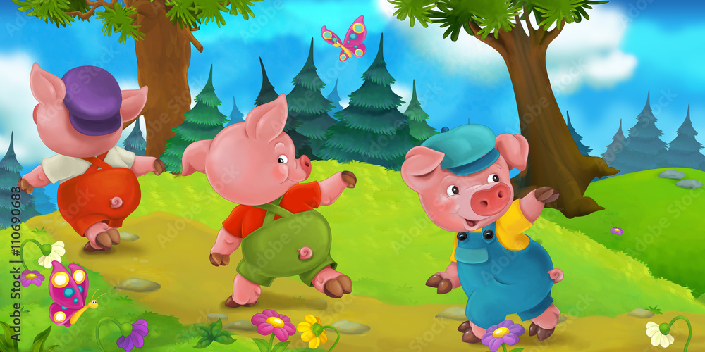 Cartoon scene three pig brother going on a trip on a hill ...