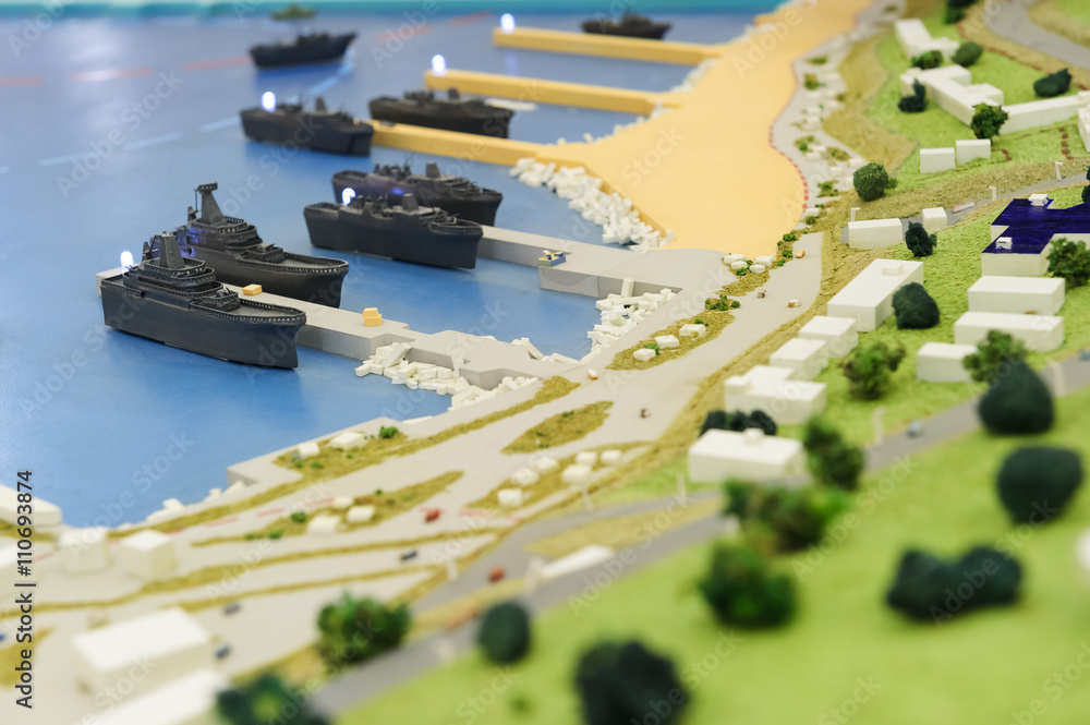 Warships wharf scale model, layout of army naval base, miniature of ...