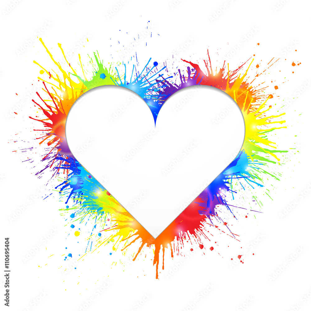Heart shaped white cutout for text in rainbow paint splashes background ...