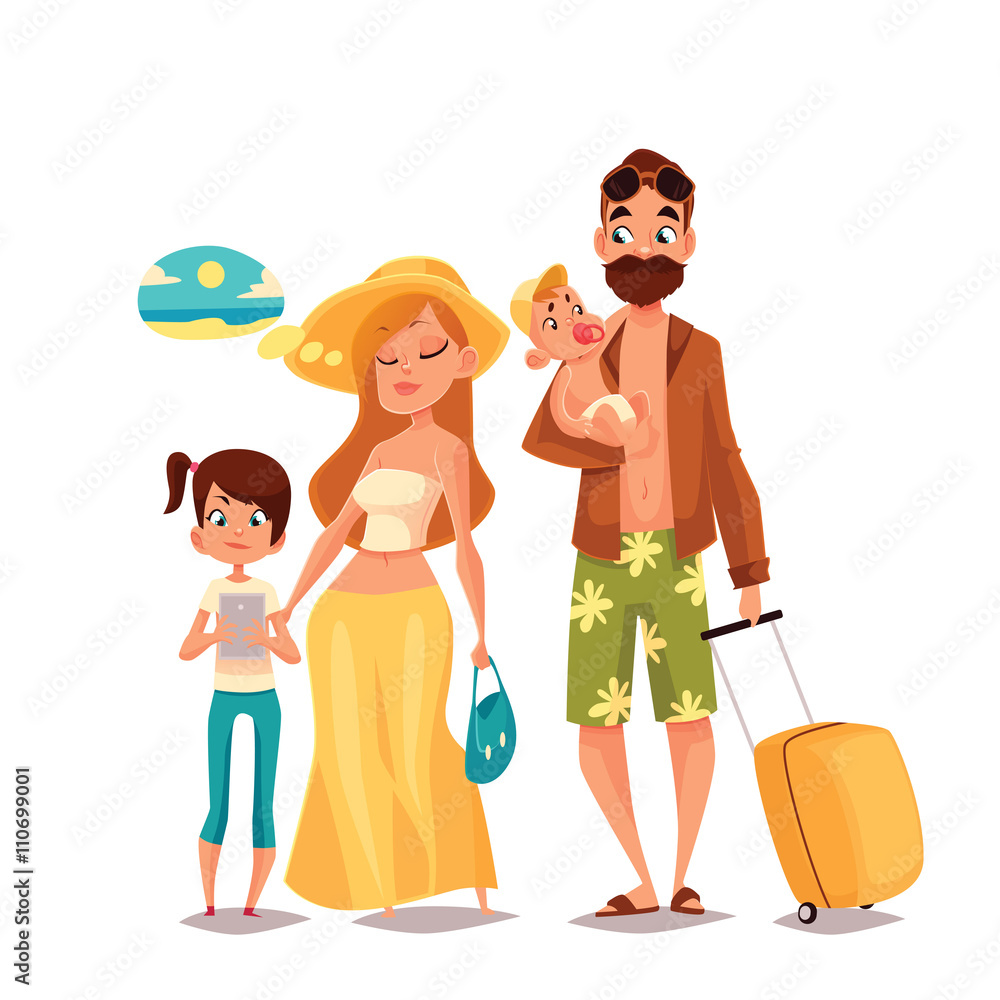 Family on vacation, cartoon comic illustration of four people on a ...