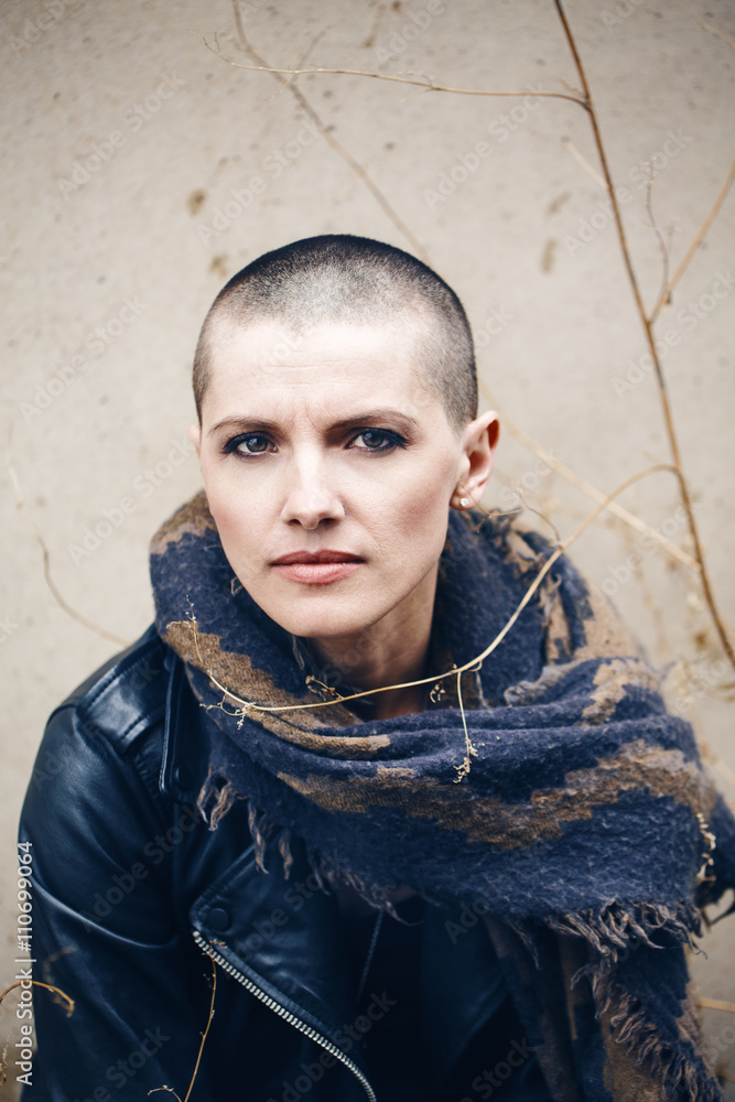 Closeup Portrait Of Sad Beautiful Caucasian White Young Bald Girl Woman