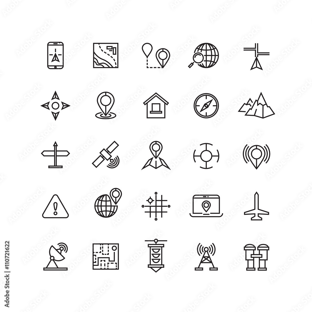 Outline location icons set. Location web and location with mobile phone ...