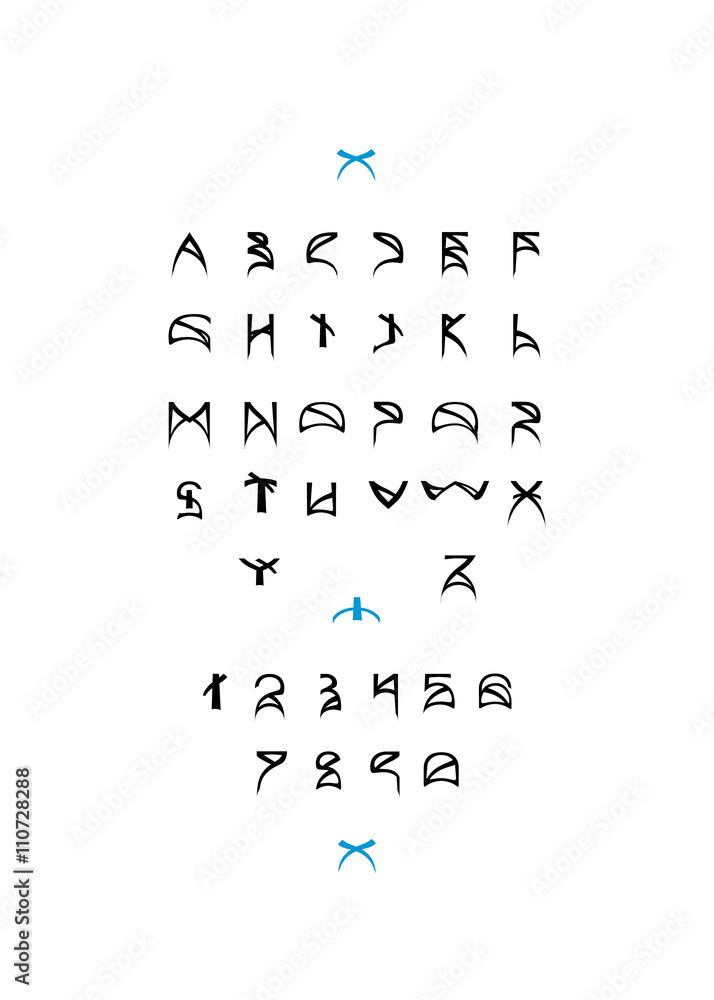 Latin alphabet with numbers. black line letters on white background ...
