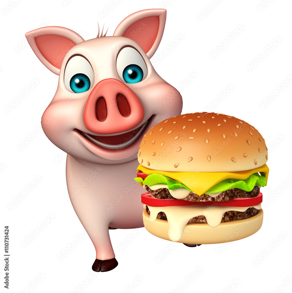 fun Pig cartoon character with bueger Stock Illustration | Adobe Stock