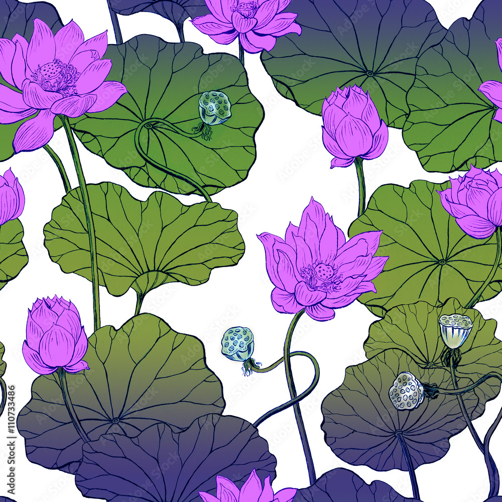Seamless floral pattern with lotus flowers. Hand painted. Raster ...