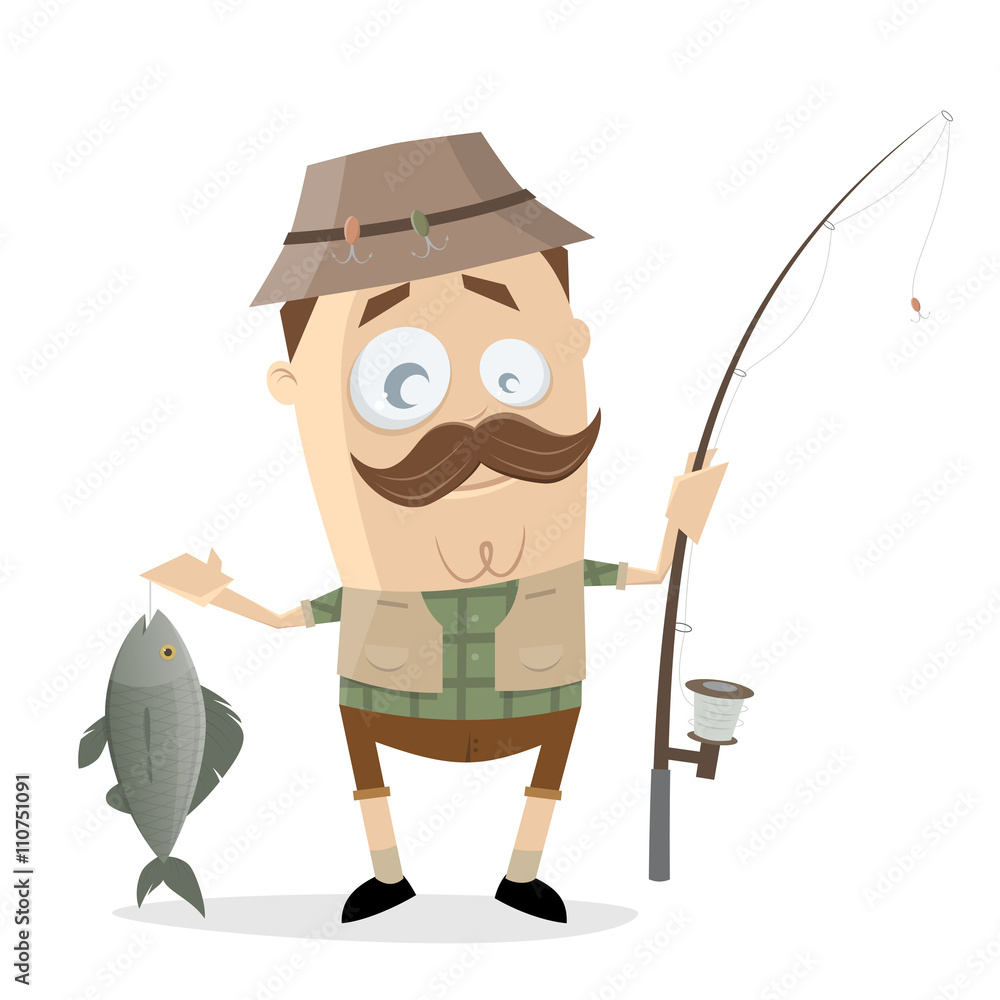 funny cartoon angler with fish and fishing rod Stock Vector | Adobe Stock