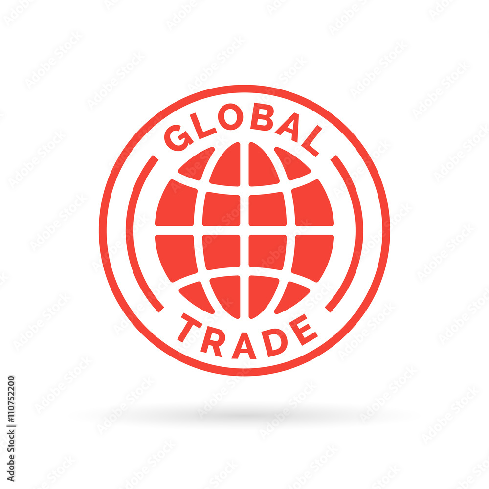 Global trade icon with red globe stamp symbol. Vector illustration ...