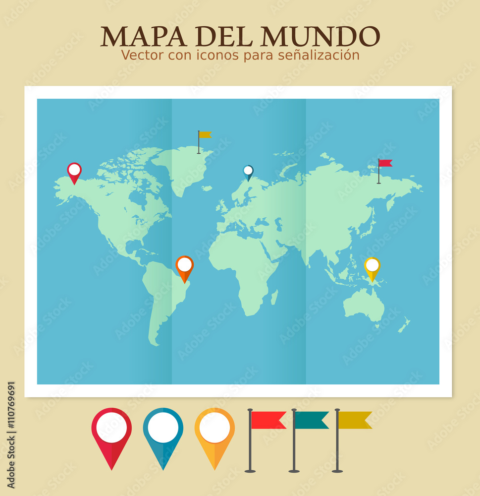 Vector mapa del mundo con iconos para señalizar Stock Vector | Adobe Stock