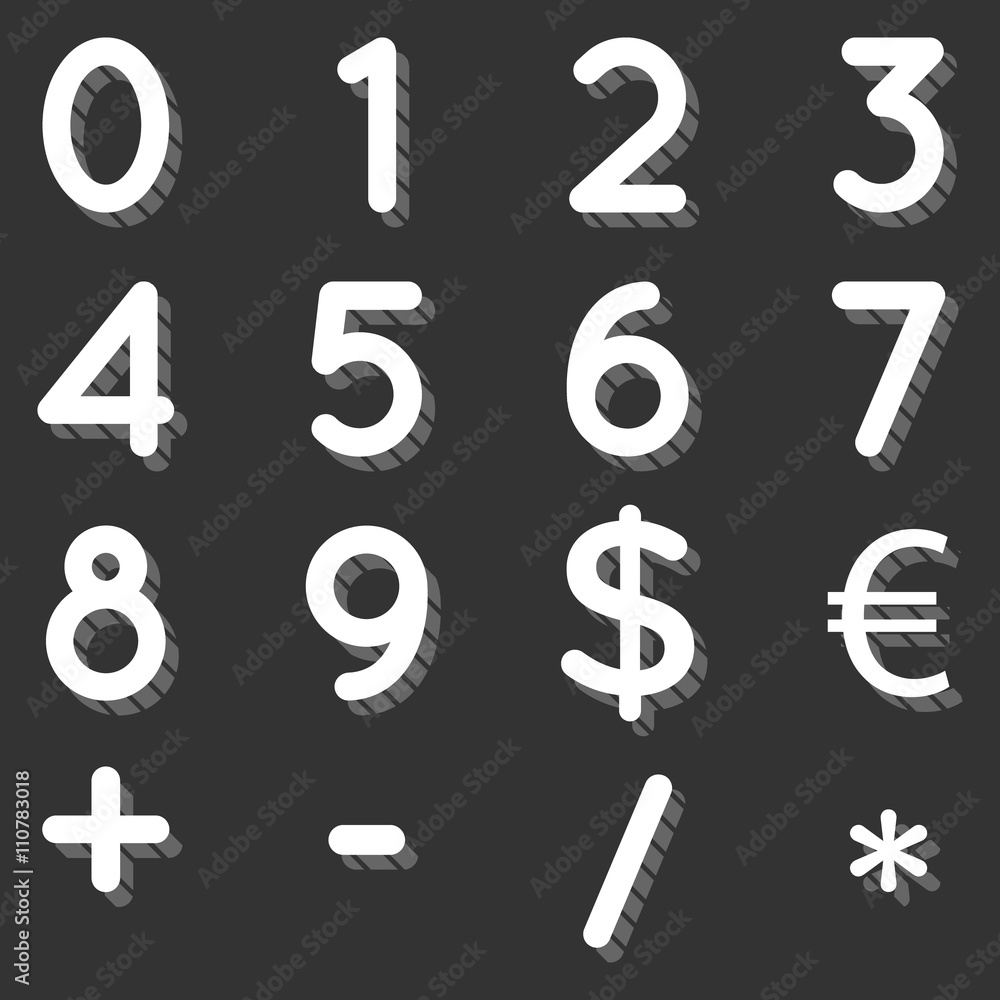 Custom retro numbers, symbols and currency with dashed shadow ...