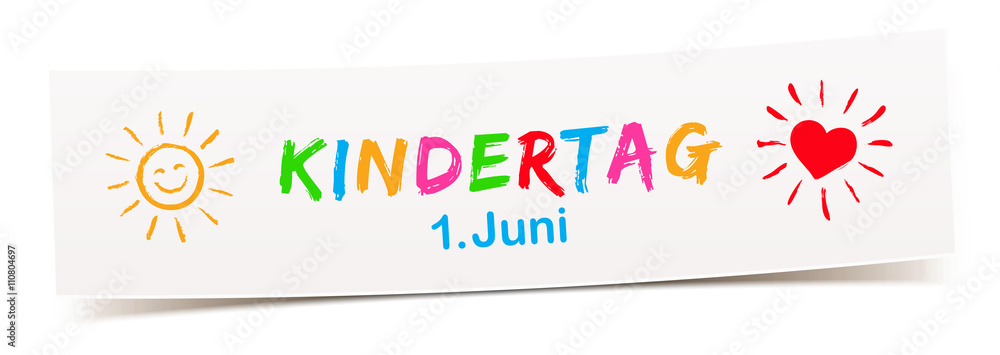 Kindertag 1.Juni - Banner mit bunter Typo, Sonne und strahlendem Herz ...