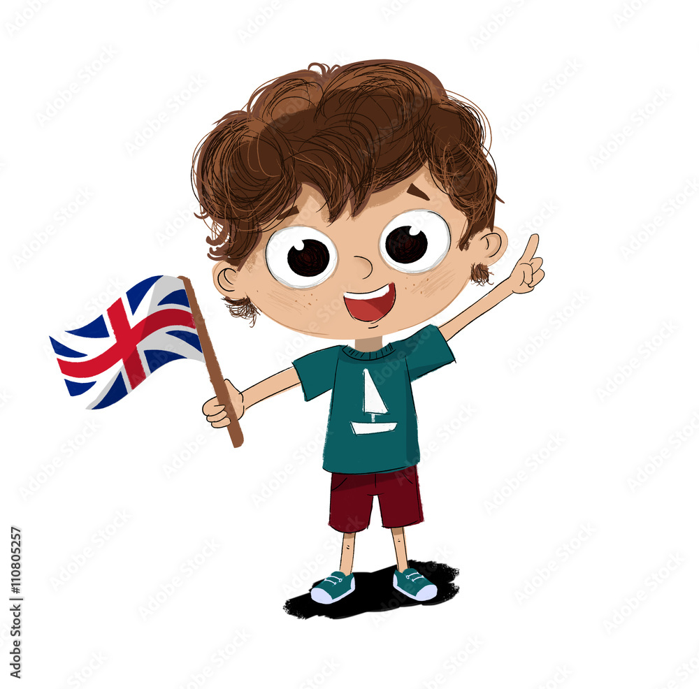 Dibujo de niño con una bandera de Inglaterra en la mano. Curso de ...