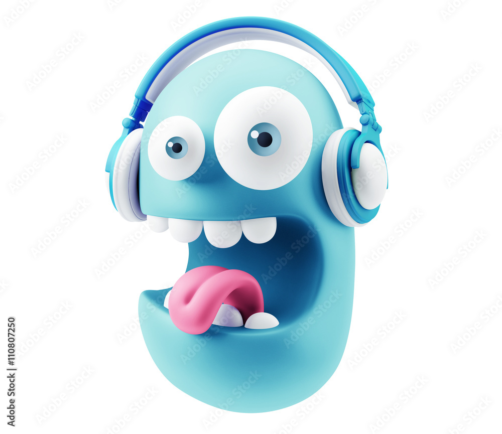 Emoticon Face Listening Music with Headphones. 3d Rendering. Stock ...