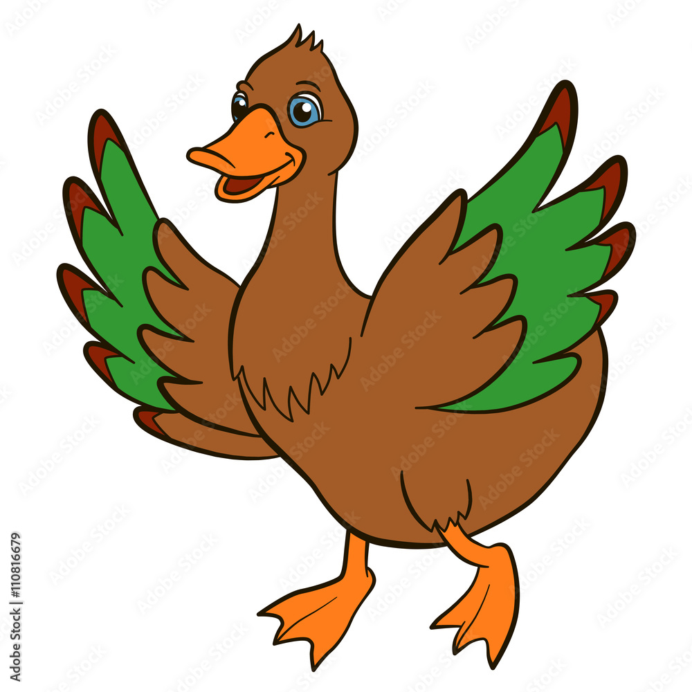 Cartoon birds for kids. Little cute duck waves her wings and smiles ...