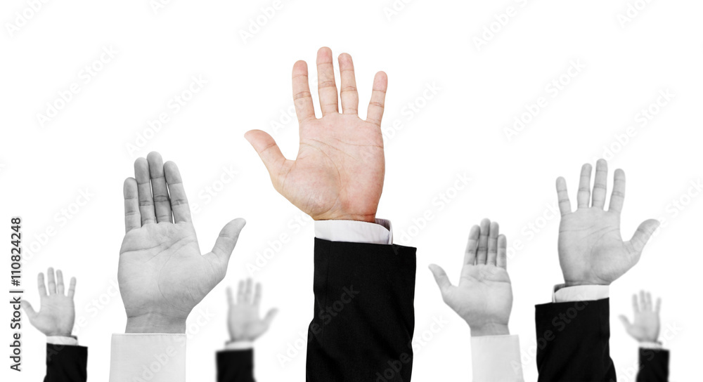 Hand raising upward, with unique colored one, isolated on white ...