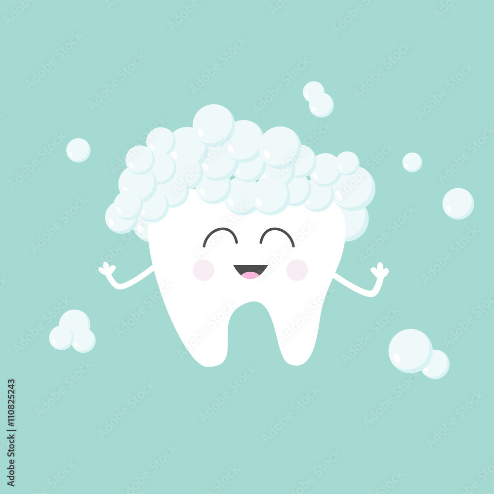 Tooth with toothpaste bubbles foam. Cute funny cartoon smiling ...