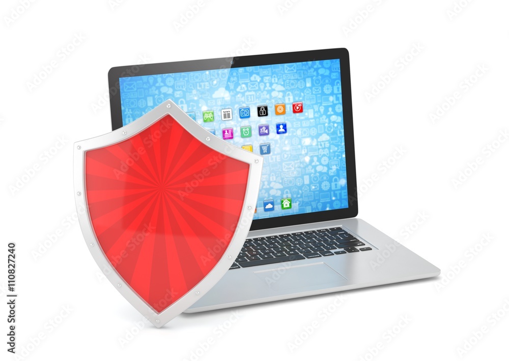 Laptop and shield on white, computer security concept. 3d rendering ...