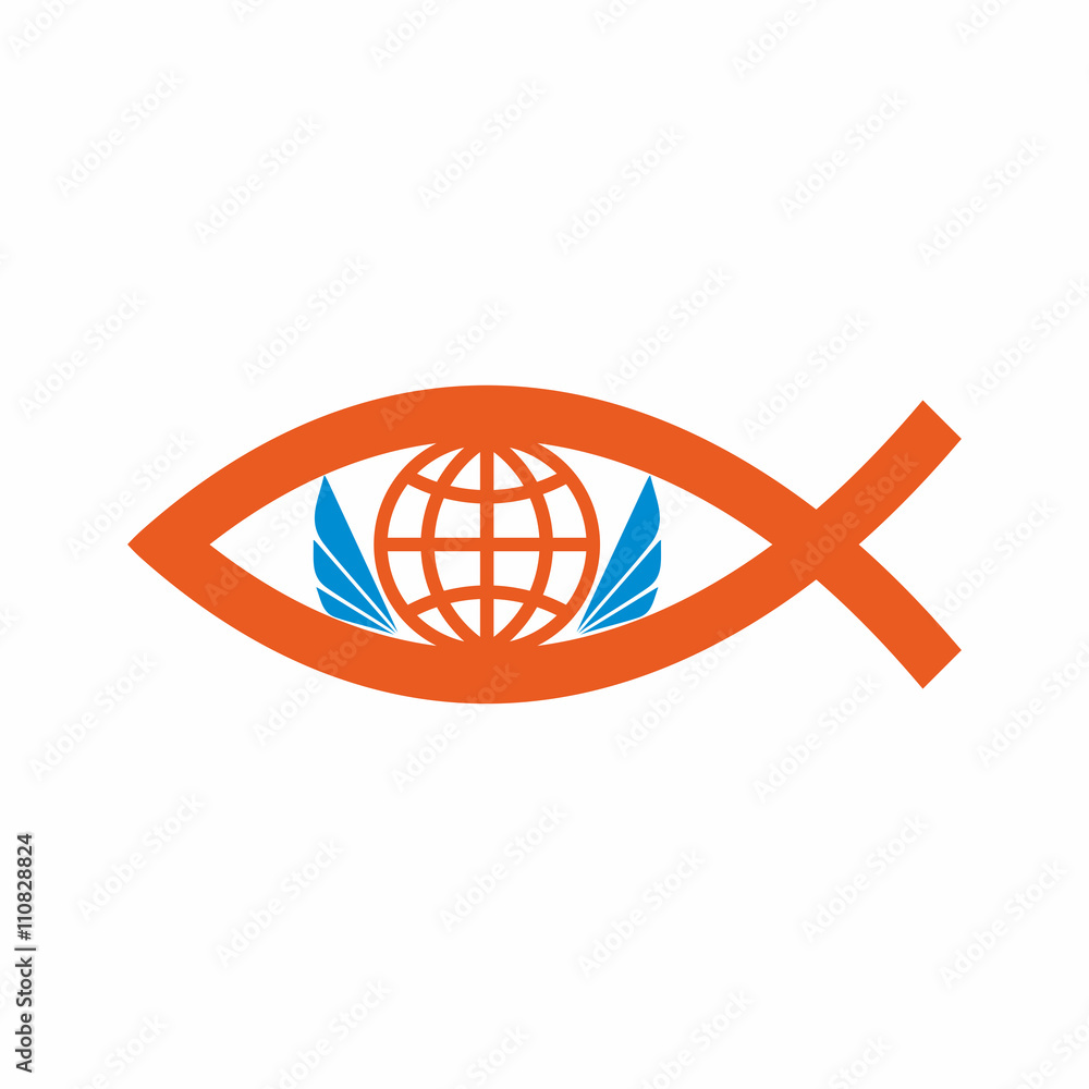 Church logo. Globe, world, christian fish, and angel wings. Stock ...