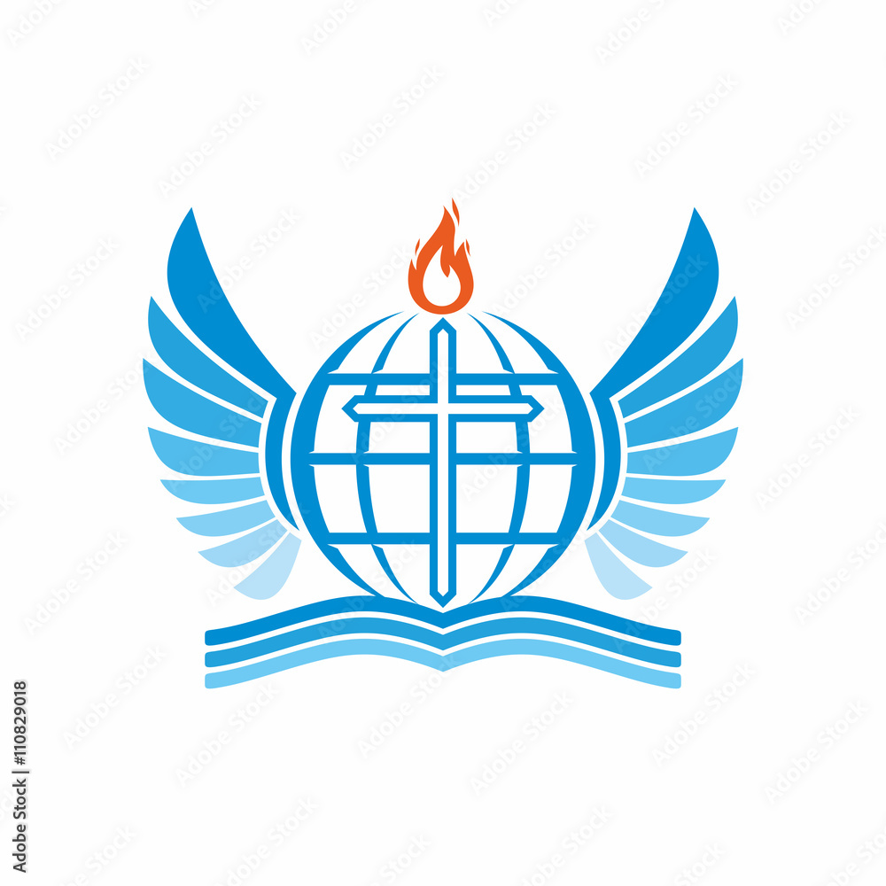 Church logo. Bible, cross, globe and the world, the flame of the Holy ...
