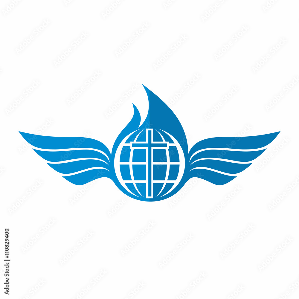 Church logo. Globe and world cross of Jesus Christ and the fire of the ...