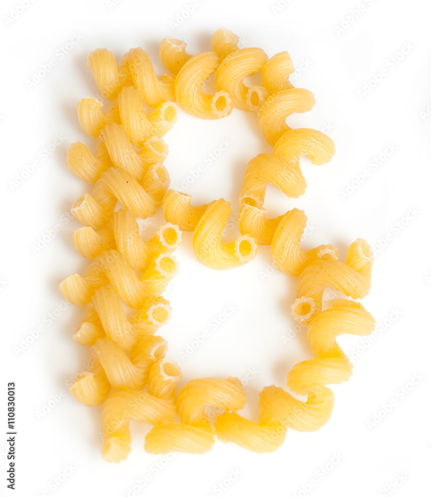 Letter B made from macaroni under a daylight isolated on white ...