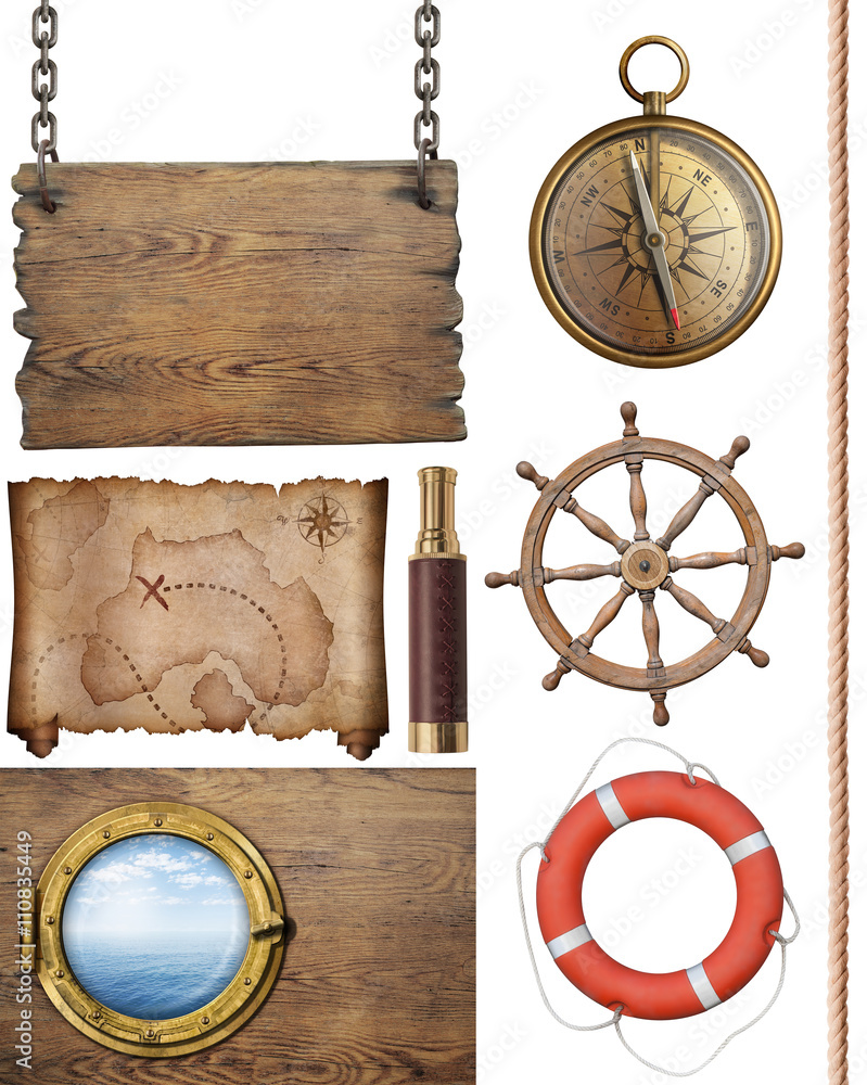 pirates treasure map and other nautical objects 3d illustration ...