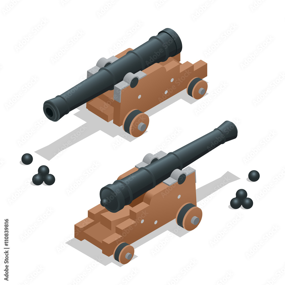 Ancient cannon with cannon balls. Artillery gun. Old cannon Flat 3d ...