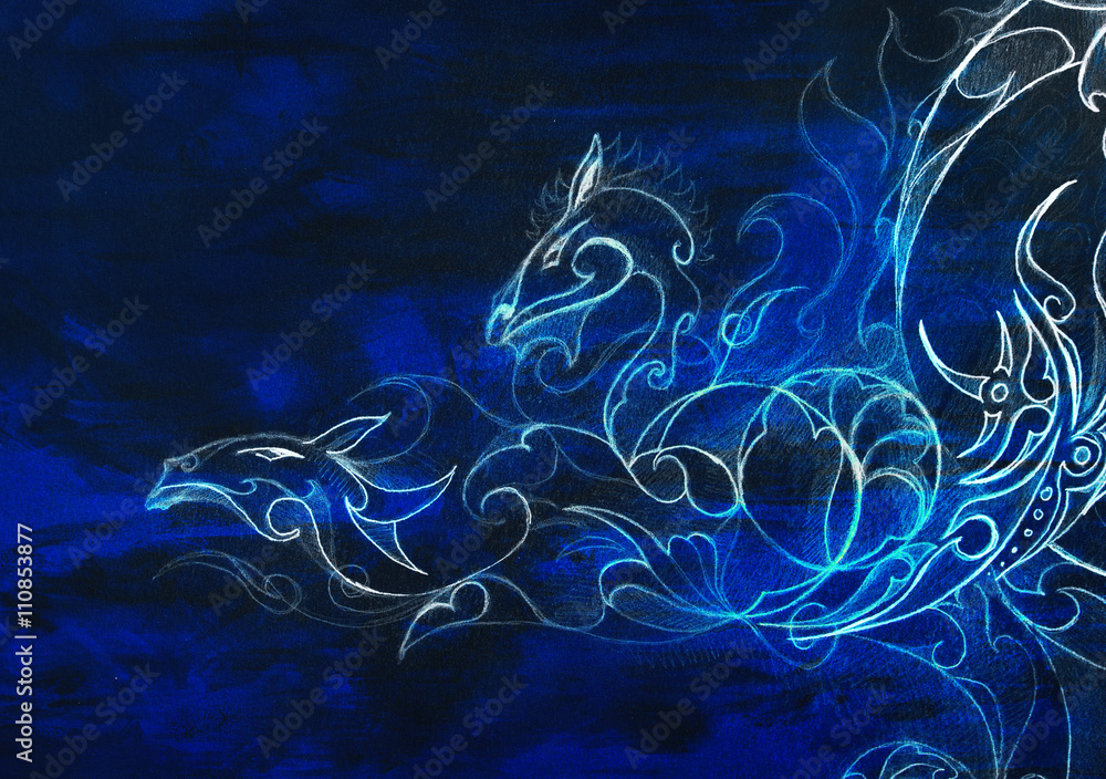 Drawing of ornamental dragon. computer collage and blue color structure ...