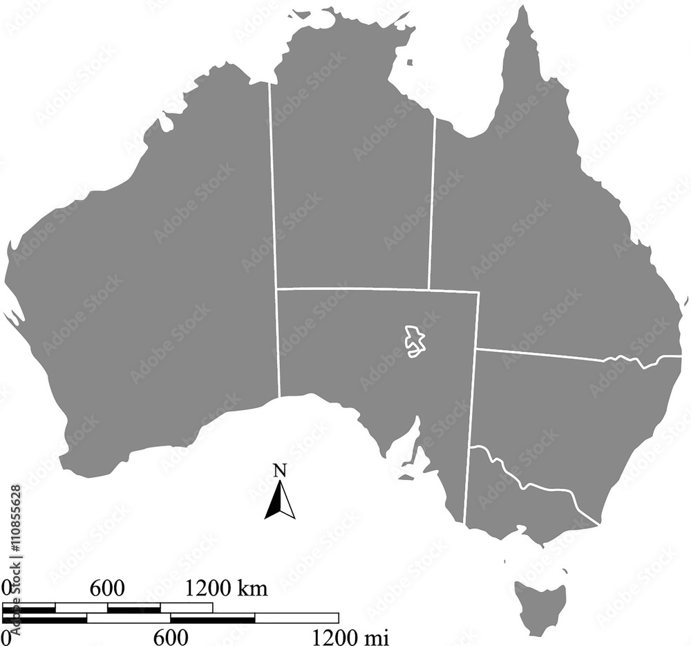 Australia map vector outline with scales of miles and kilometers in ...