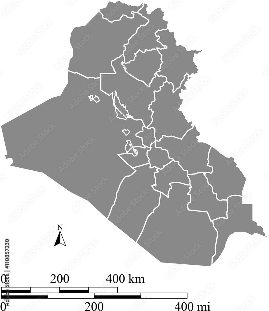 Iraq map vector outline with scales of miles and kilometers in gray ...