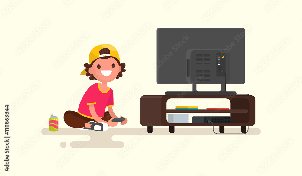 Boy playing video games on a game console. Vector illustration Stock ...