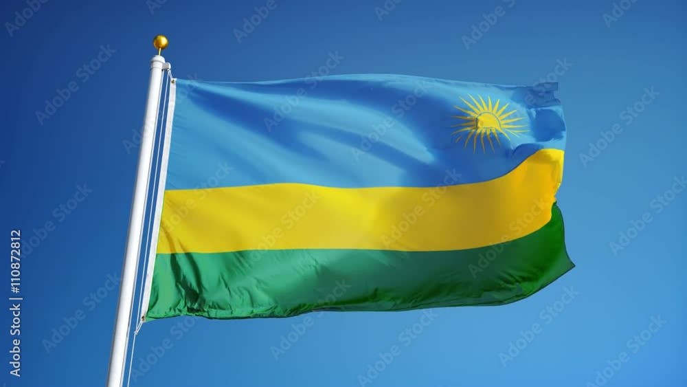 Rwanda flag waving in slow motion against clean blue sky, seamlessly ...