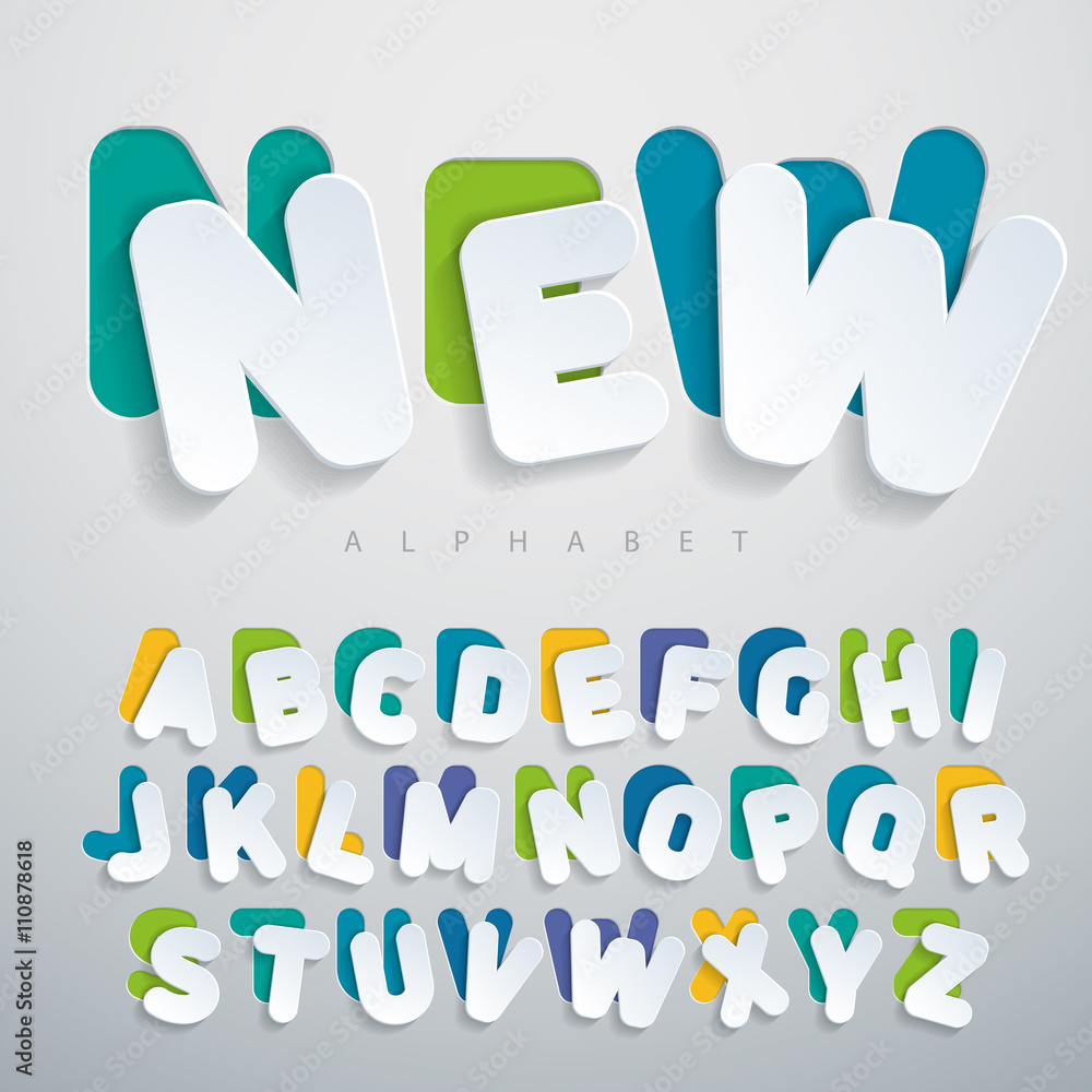 Stickers font flat design. Colorful alphabet and Imitating cardboard ...