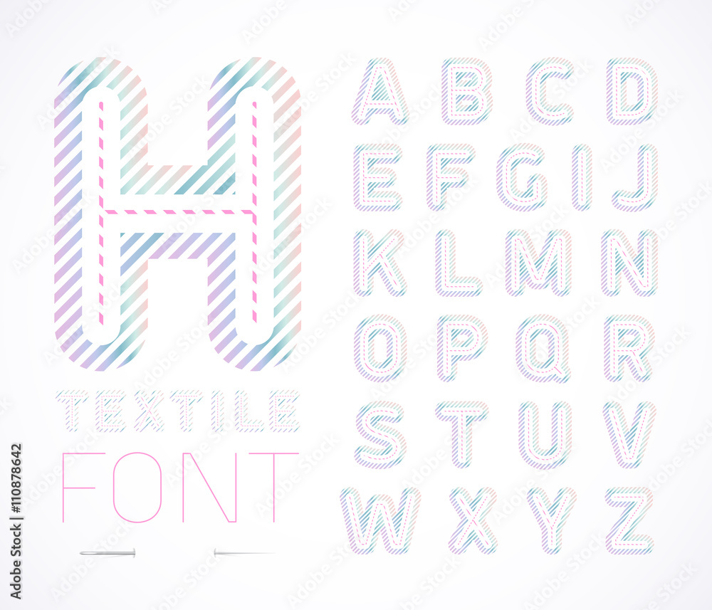 Textile alphabet. Font with fabric striped texture. Pastel ABC. For a ...