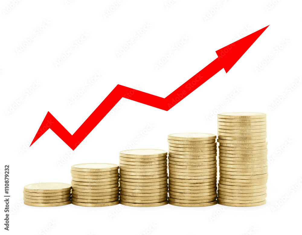 Gold coin diagram with arrow on white background , success finan Stock ...