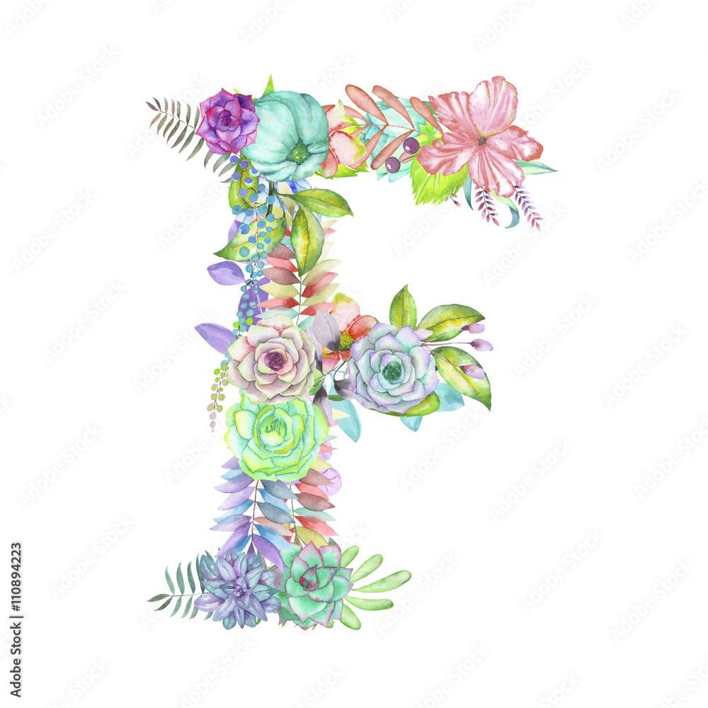 Capital letter F of watercolor flowers, isolated hand drawn on a white ...