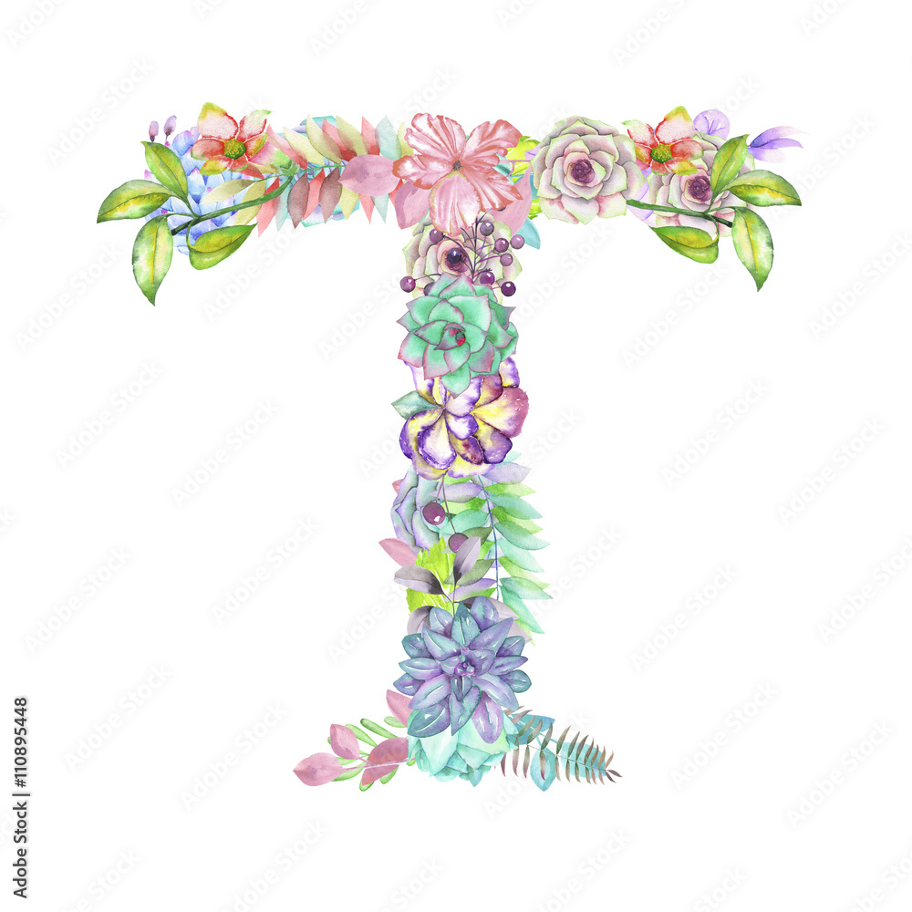 Capital letter T of watercolor flowers, isolated hand drawn on a white ...