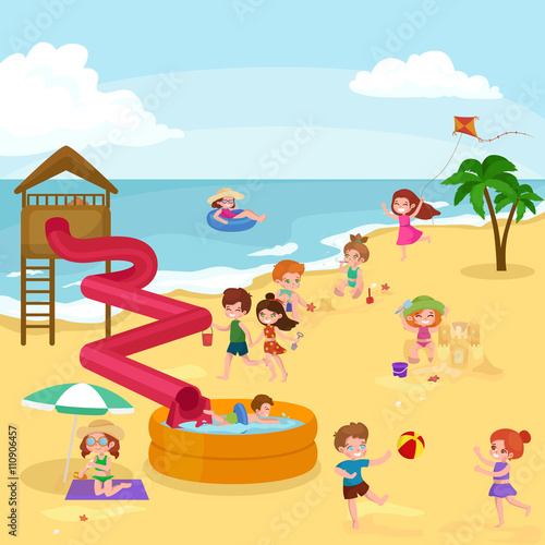 Kids Playing At The Beach Clip Art