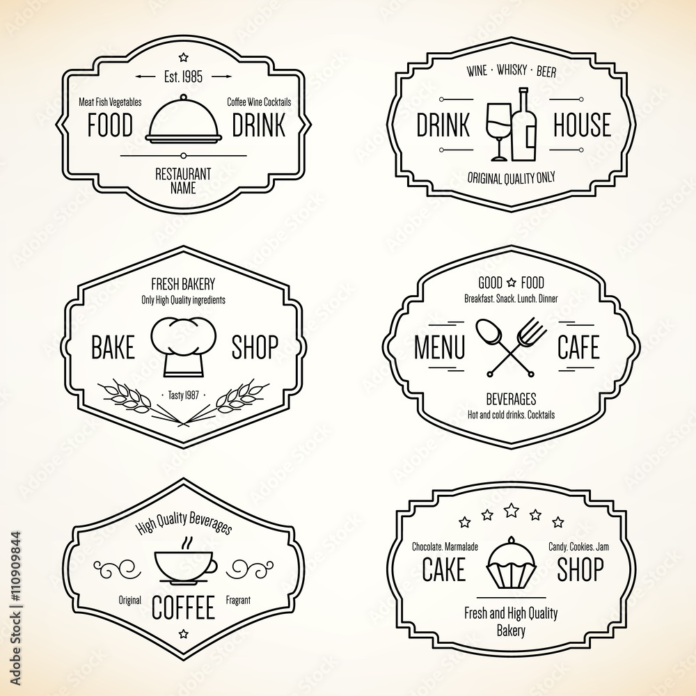 Label and logo set for restaurant menu design. Food and drinks logotype ...