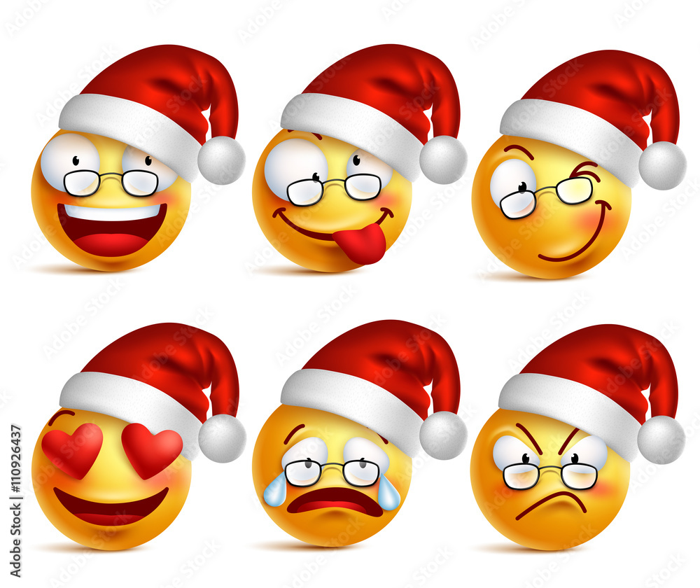 Set of Smiley face of santa claus yellow emoticons with facial ...