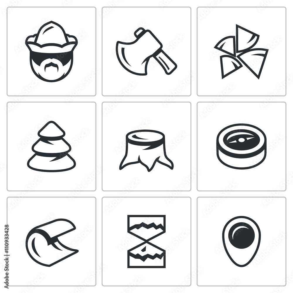 Vector Set of Firewood in the forest Icons. Woodcutter, Tool, Stack of ...