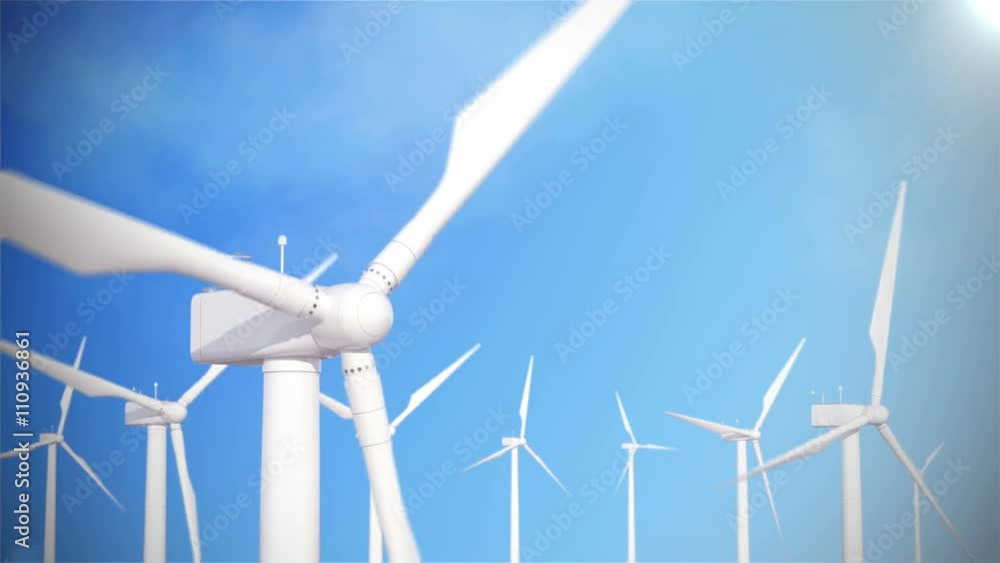 4K resolution, wind turbine, generator on sky background with clouds ...
