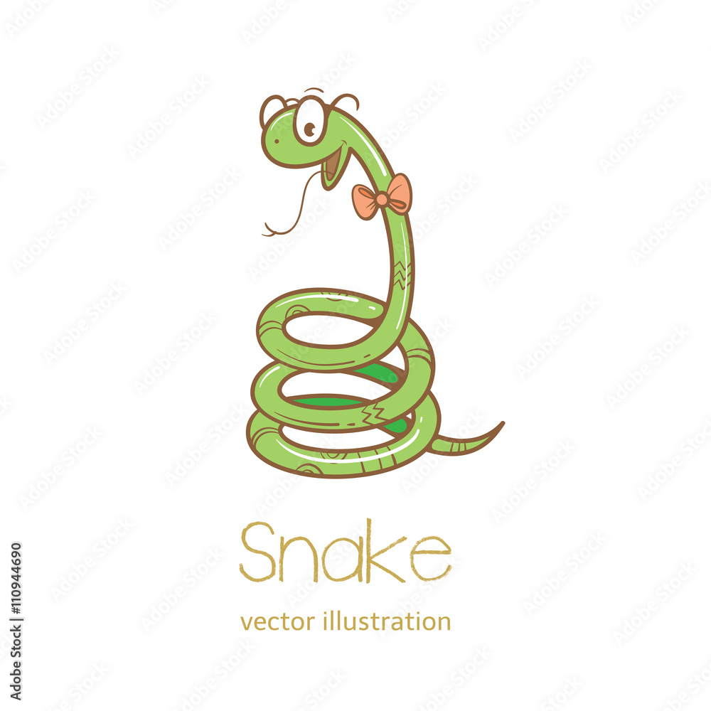 Summer card with cute cartoon snake in glasses. Vector image. Children ...