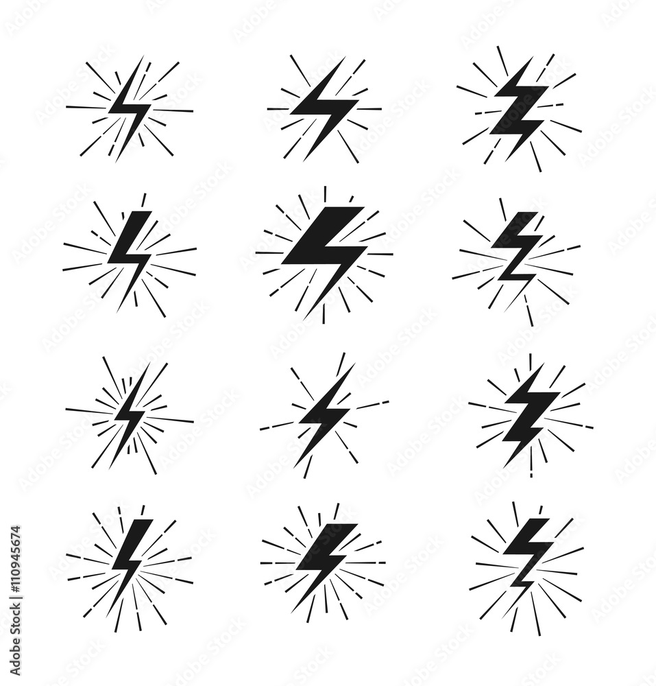 Retro lightning bolt signs with sunburst effect. Lightning sign set and ...