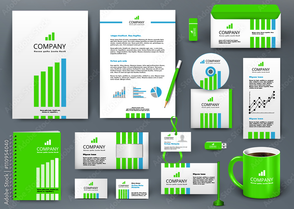 Professional universal branding design kit with green and blue lines ...