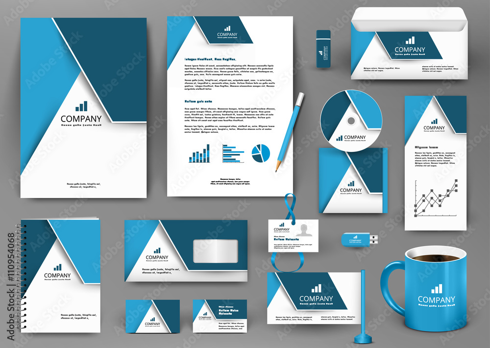 Professional blue universal branding design kit with origami element ...