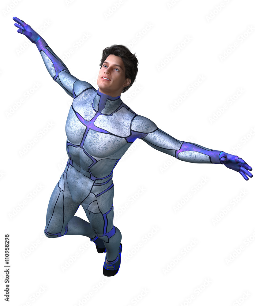 3d CG illustration of Sci Fi super hero character flying Stock ...