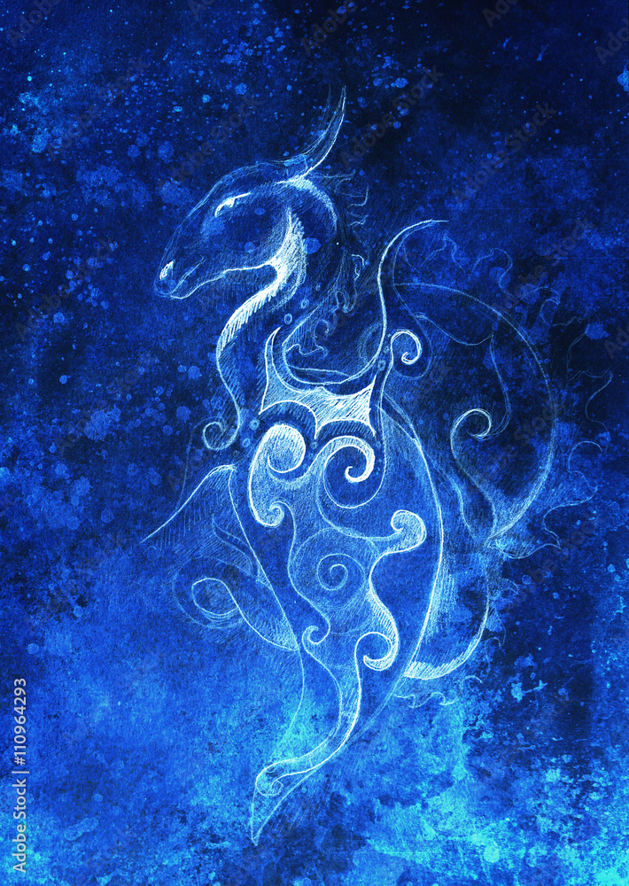 drawing of ornamental dragon and sun on old paper background computer ...