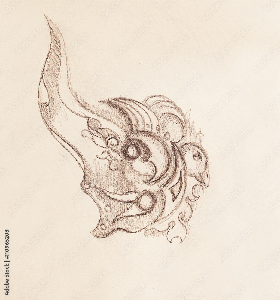 Bird and ornament, original drawing, pencil sketch on paper. Stock ...