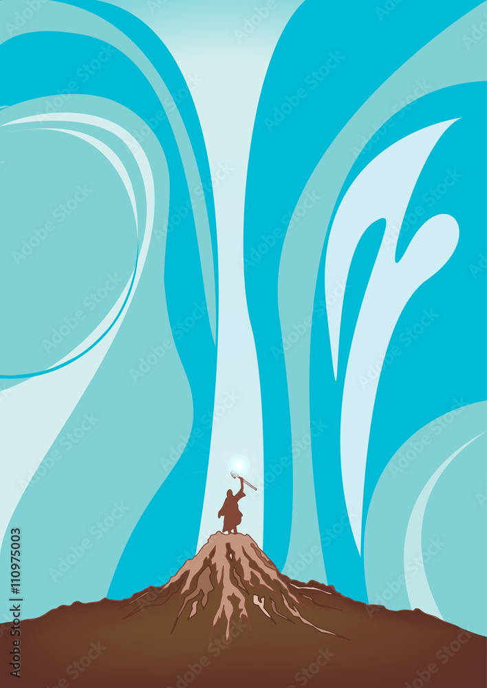 Moses raise staff and stretch out hand over the sea to divide the water ...