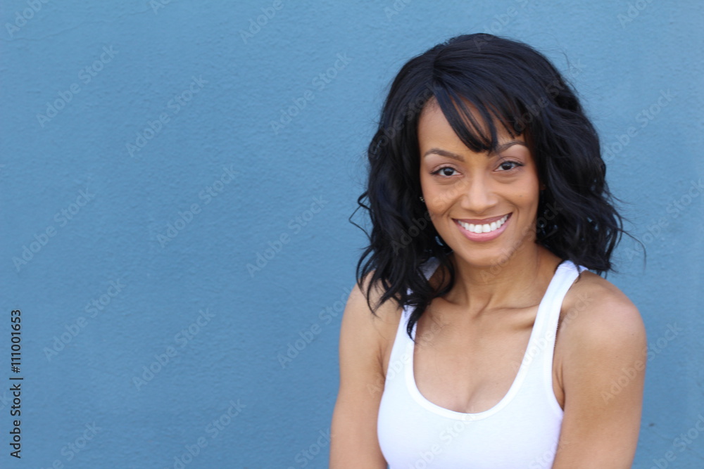 Closeup portrait of beautiful African American woman smiling in white ...